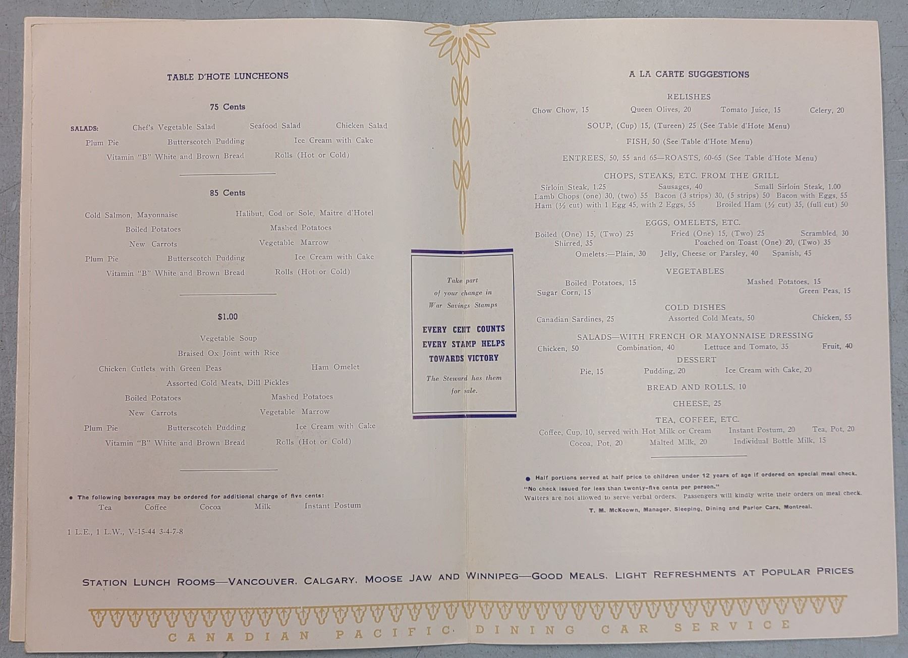 1944 Menus Banff Springs Hotel featuring RCMP Officiers & Military WW2 ...
