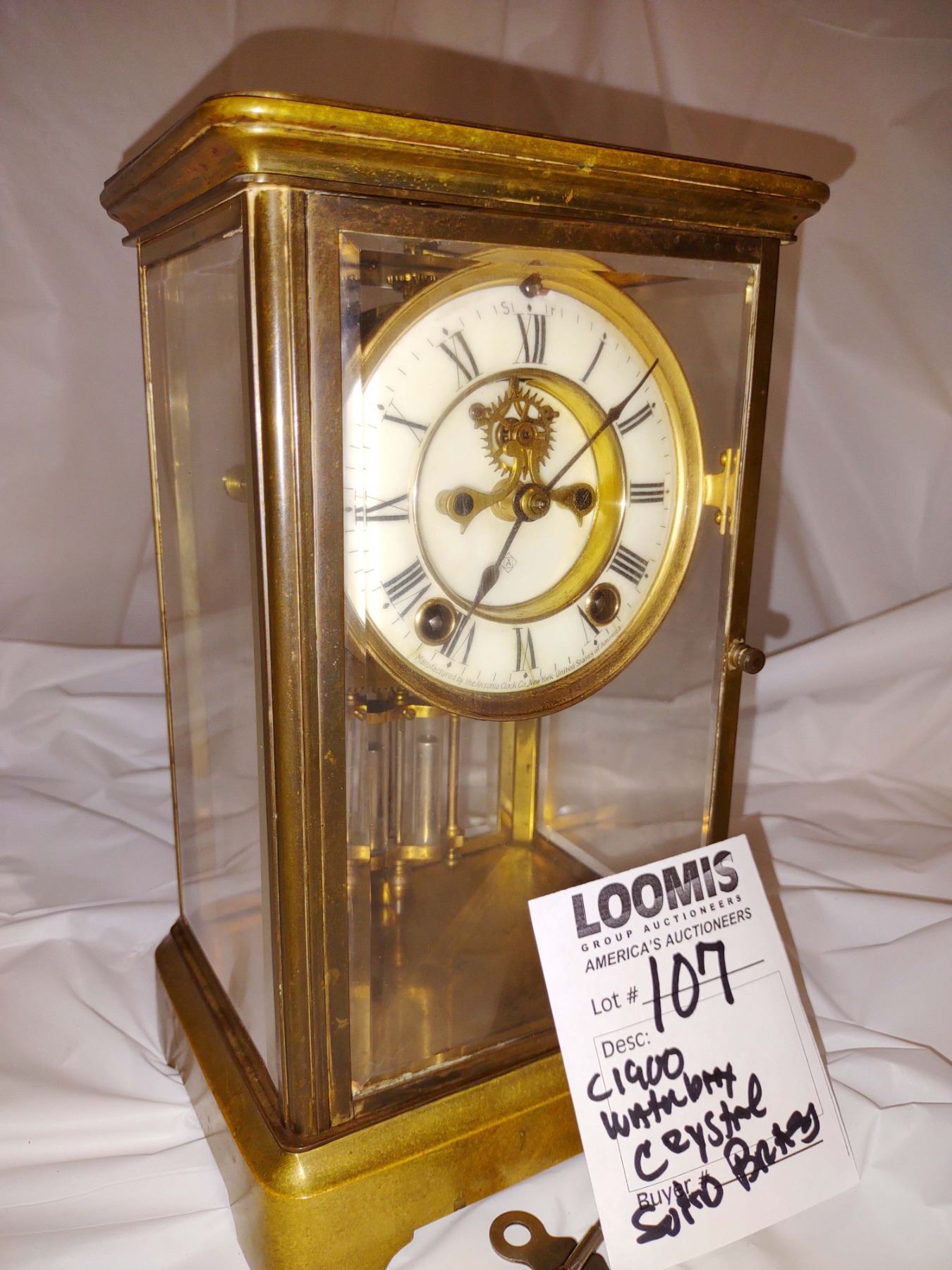 RARE C1900 ASTORIA CLOCK CO. CRYSTAL/BRASS MANTLE CLOCK