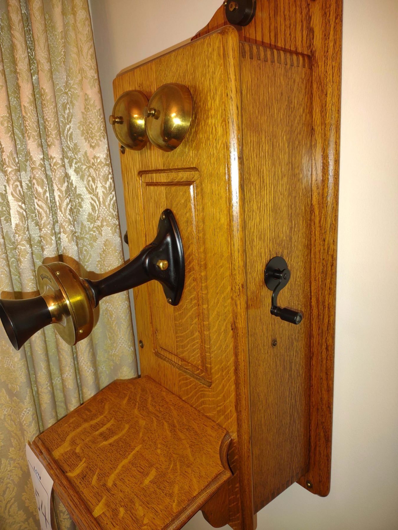 ANTIQUE KELLOGG OAK WALL MOUNT HAND CRANK TELEPHONE, COMPLETE