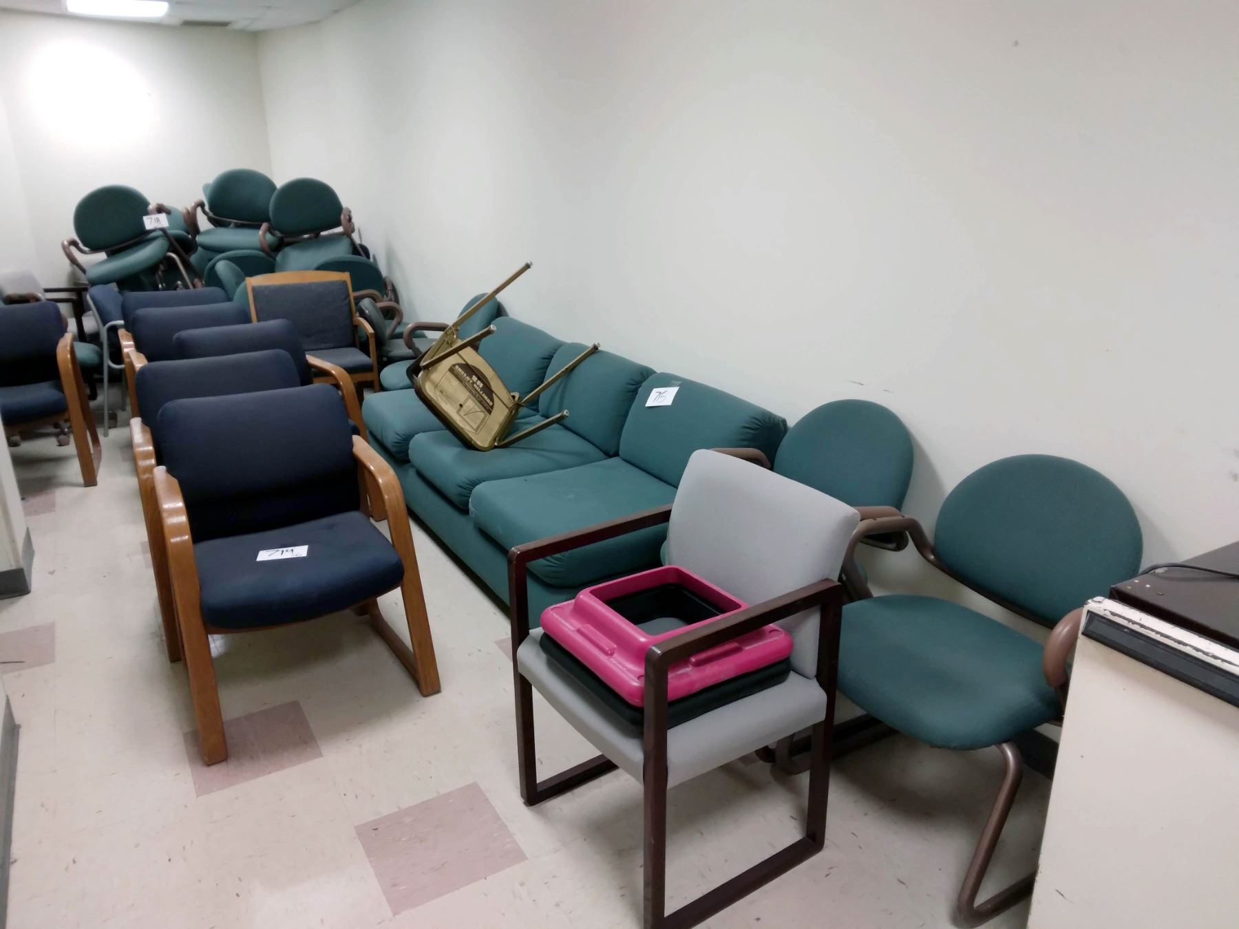 ROOM LOT: 6 WOODEN CHAIRS W/ CUSHION SEAT/BACK, SOFA, 2 METAL CHAIRS ...