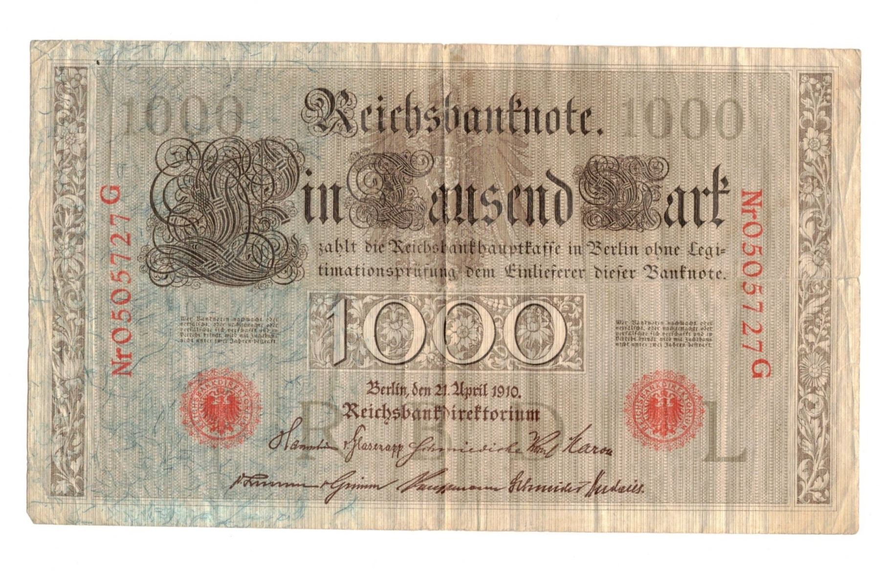 1000 REICHS Mark Bank Note Berlin April 1910 Germany Circulated Note
