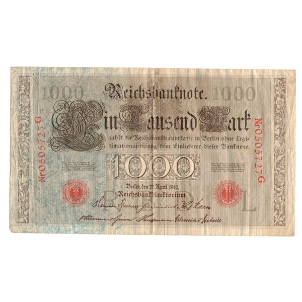 1000 REICHS Mark Bank Note Berlin April 1910 Germany Circulated Note