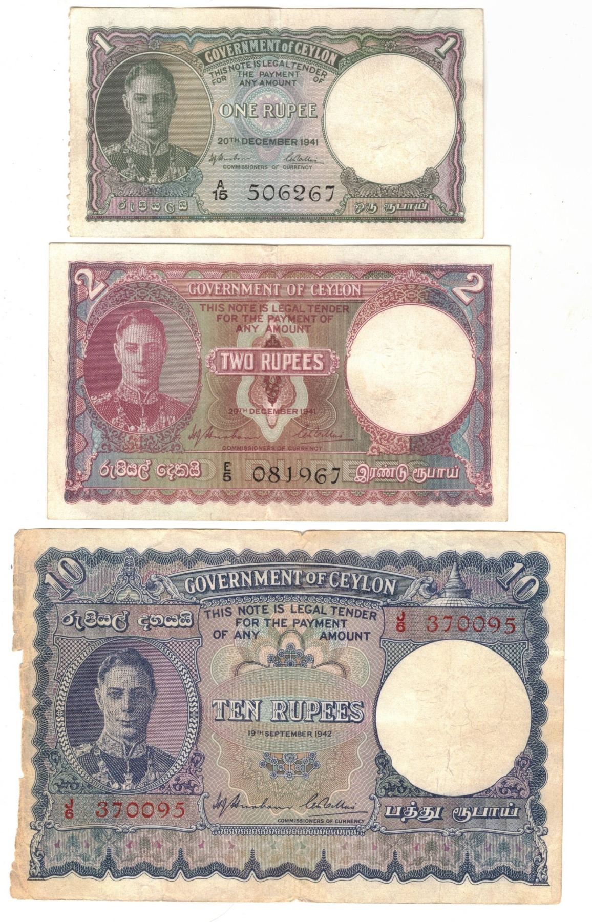 THREE Bank Notes Ceylon , 1941 and 1942