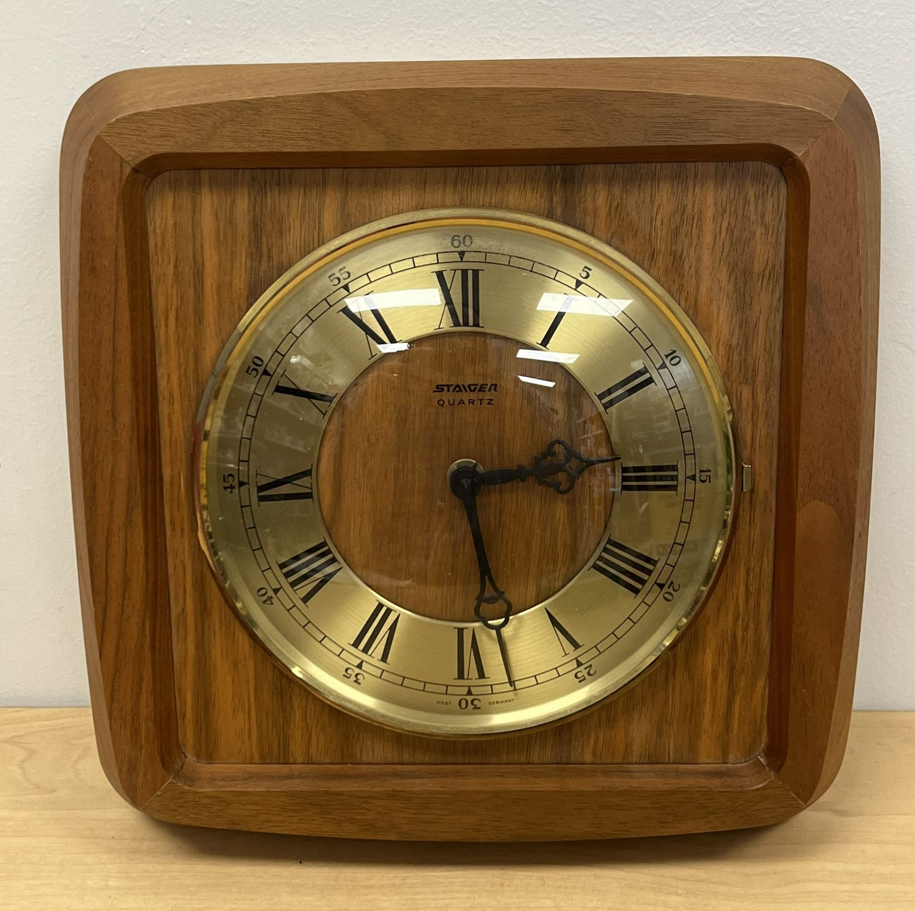 Vintage Staiger Quartz Wood & Brass Wall Clock - Works (approx: 10x10")