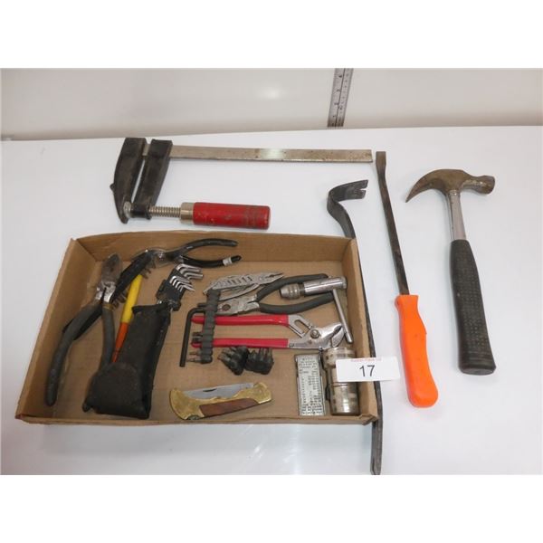 bar clamp, hammer, pry bars, pliers, knives,