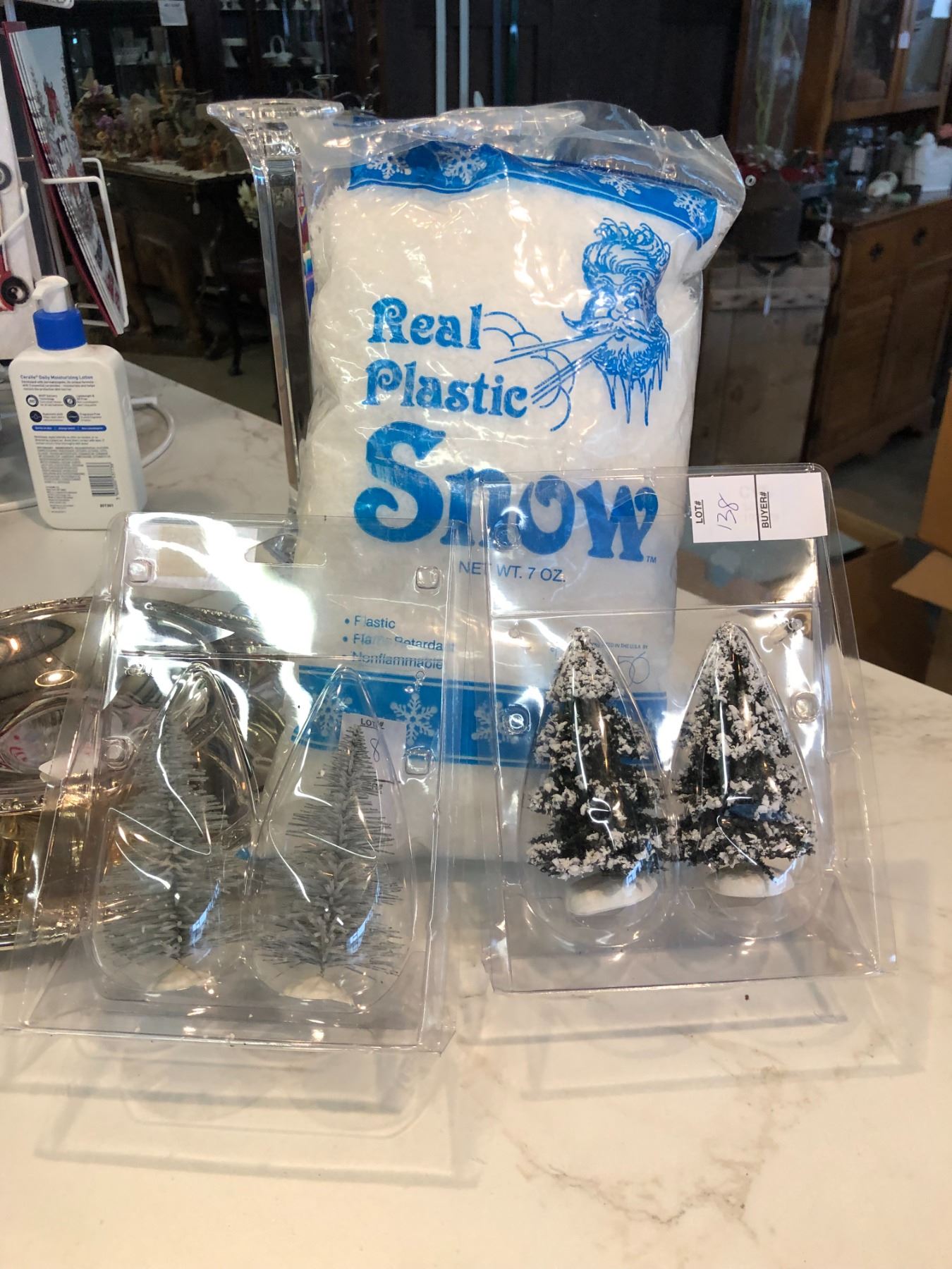 DPT.56 REAL PLASTIC SNOW AND 4 CHRISTMAS TREES