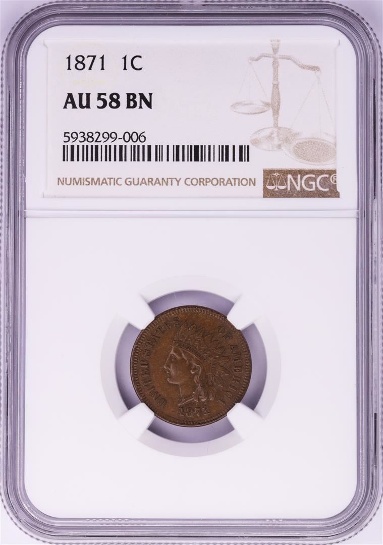 1871 Indian Head Cent Coin NGC AU58 BN