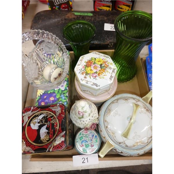 Vintage glassware, vases, tins