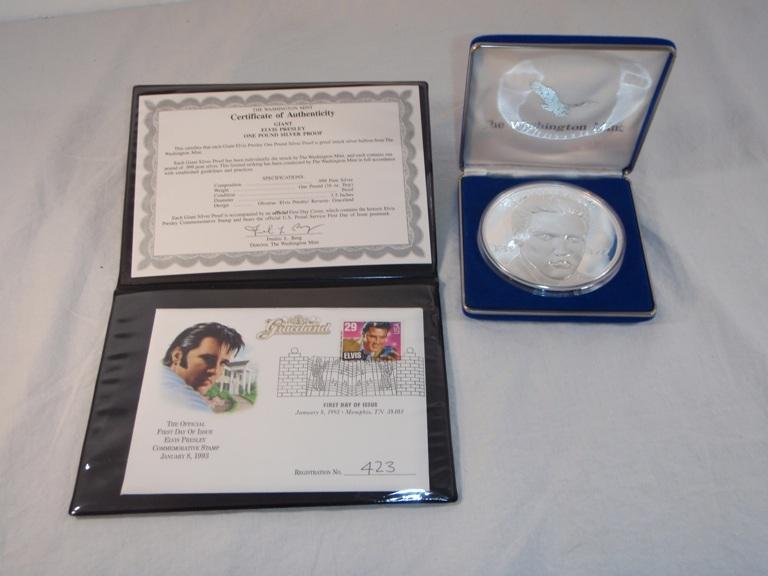 MINT 1 pound silver Elvis Coin w/ First Day Issue Postmark set