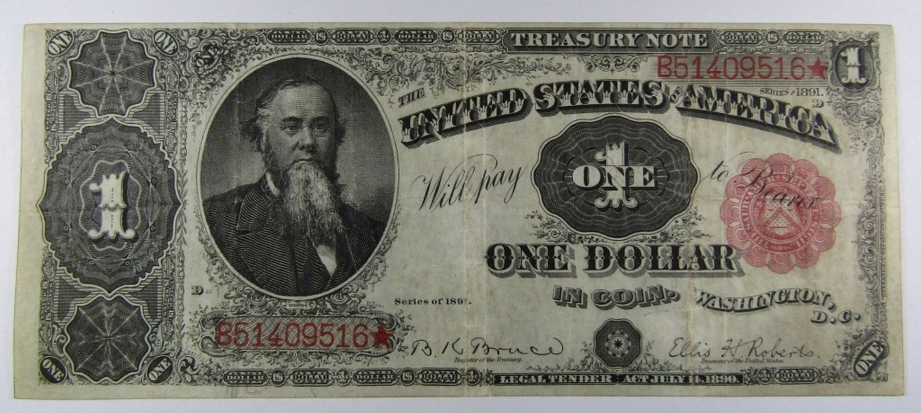 1891 $1 TREASURY NOTE RED SEAL U.S. CURRENCY