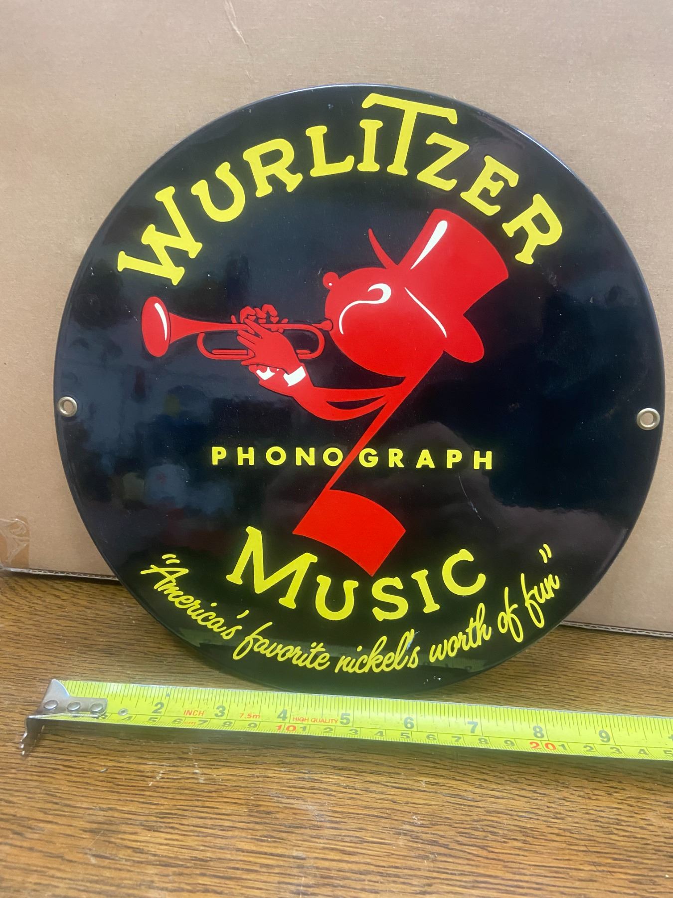 Porcelain, Wurlitzer phonograph sign, 10" - reproduction