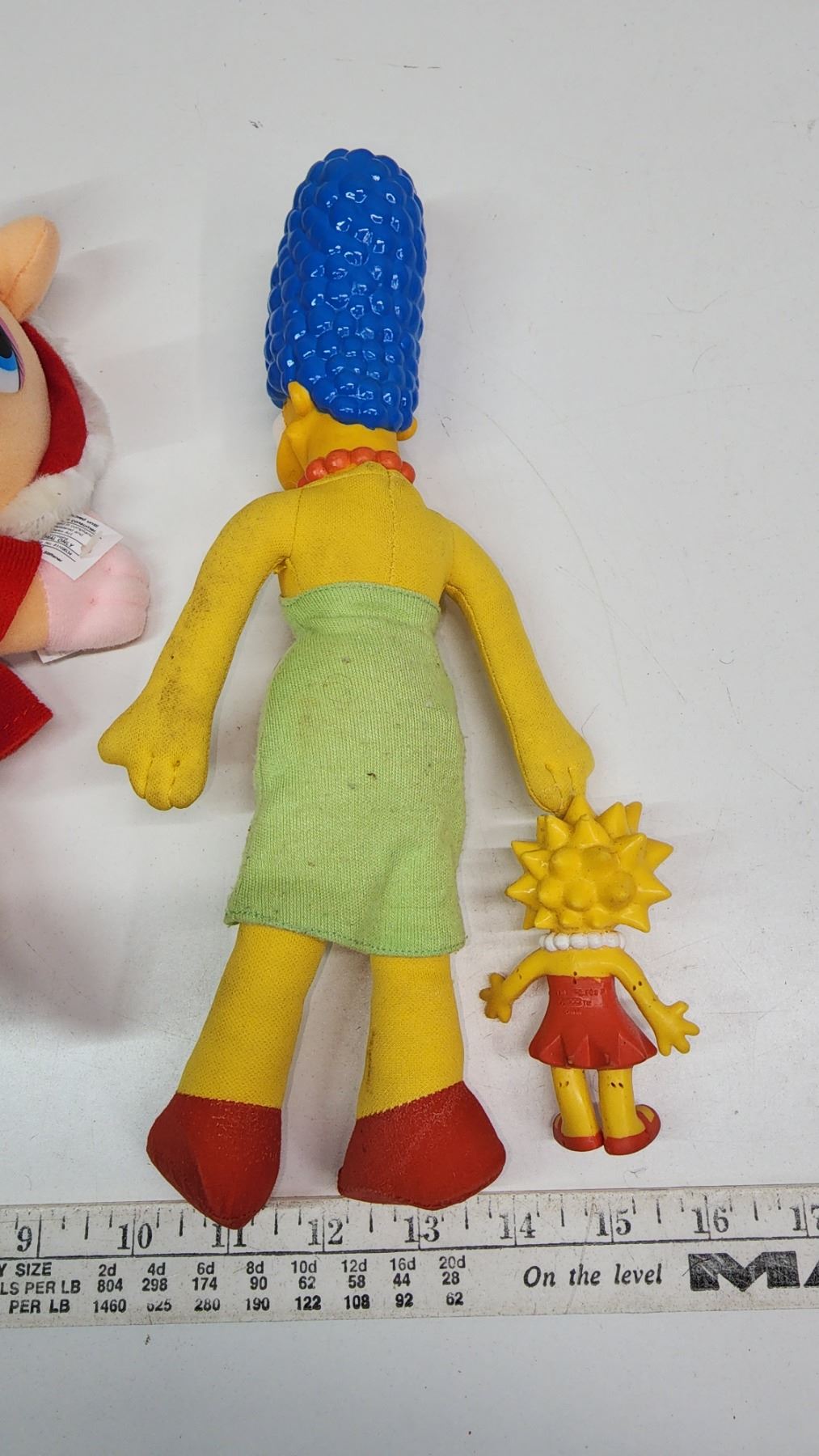 Missy Piggy, baby doll & Simpsons, Marge doll, with small Lisa figure ...