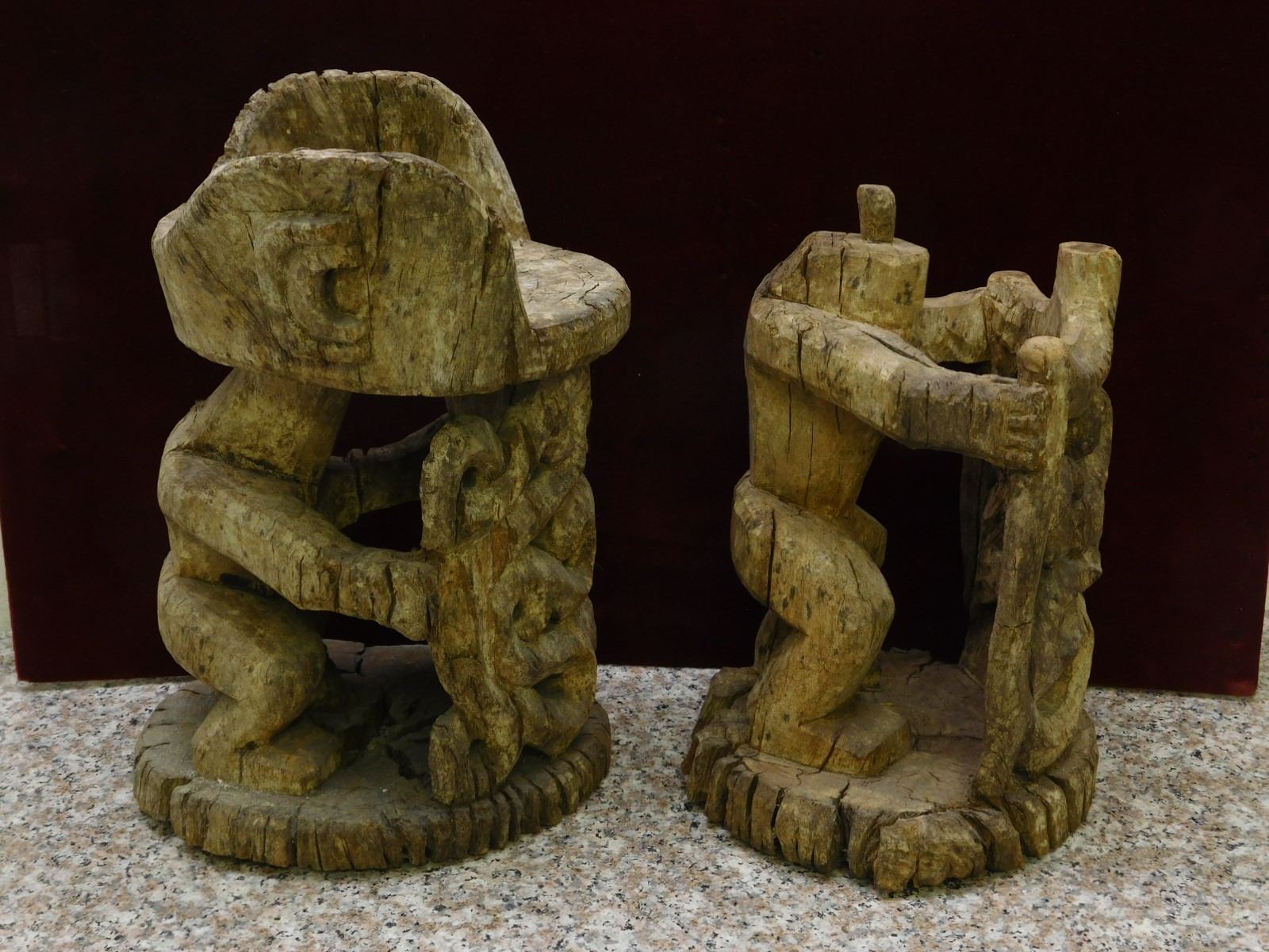 Indonesian Time of Death Wooden Sculpture Eroded Hardwood Shield Lot of 2