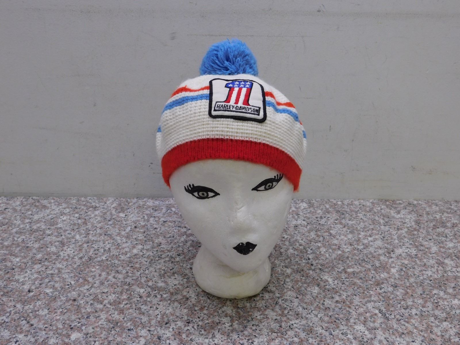 Vintage Harley Davidson Toque Knit Cap Hat White Blue Red Pompom