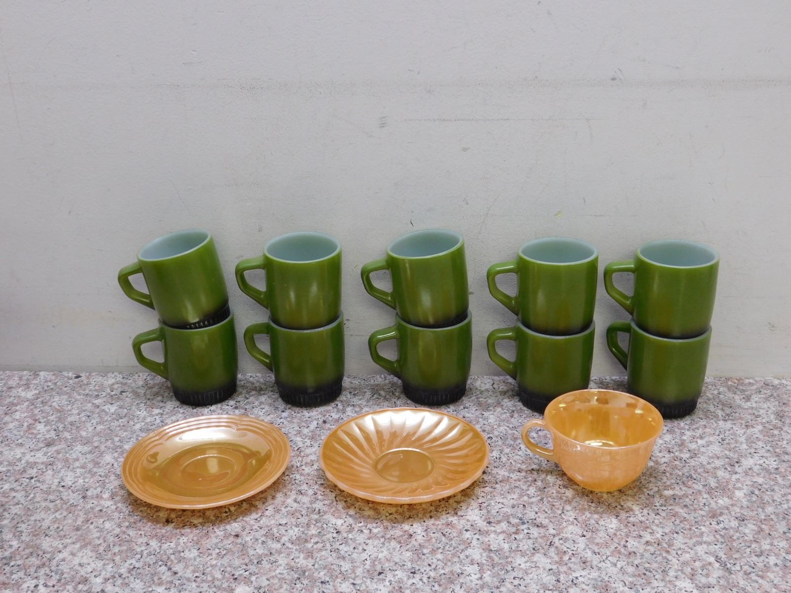 Lot of 10 Fire King Stacking Mugs Olive Green Cup and 1 Saucer 2 Plates ...