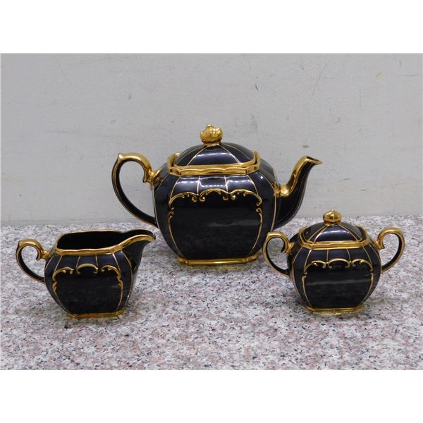 Sadler Black and Gold Art Deco Marked 1922 Tea Set With Sugar and Creamer