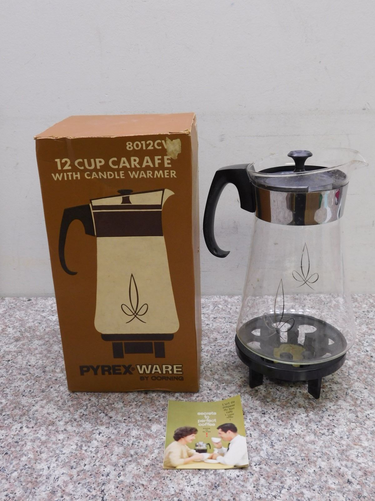 Vintage Pyrex 12 Cup Glass Coffee Carafe With Candle Warmer Stand and Box