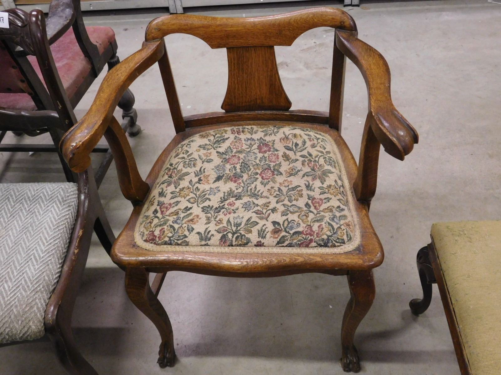 Antique Wooden Chair Short Back Floral Upholstery Claw Feet Mission Oak ...