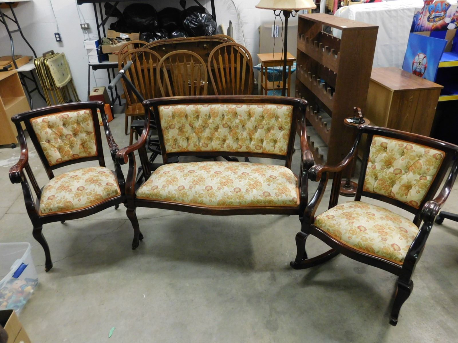 Set of 3 Wooden Parlor Room Chairs, Rocking Chair, Love Seat. White and ...