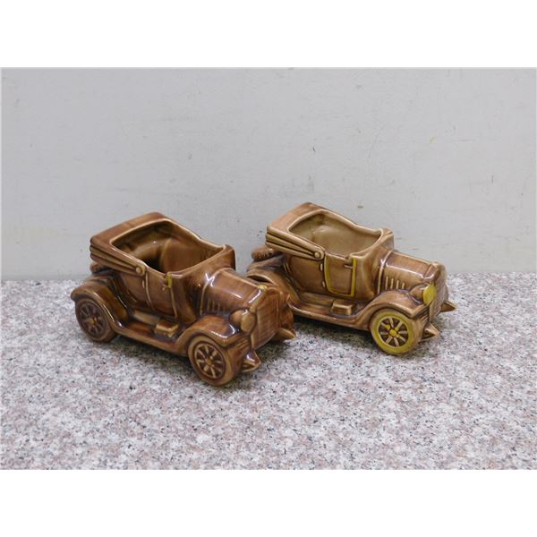 Ceramic Pottery Planters Retro Vintage Style Cars Brown Gold Accent