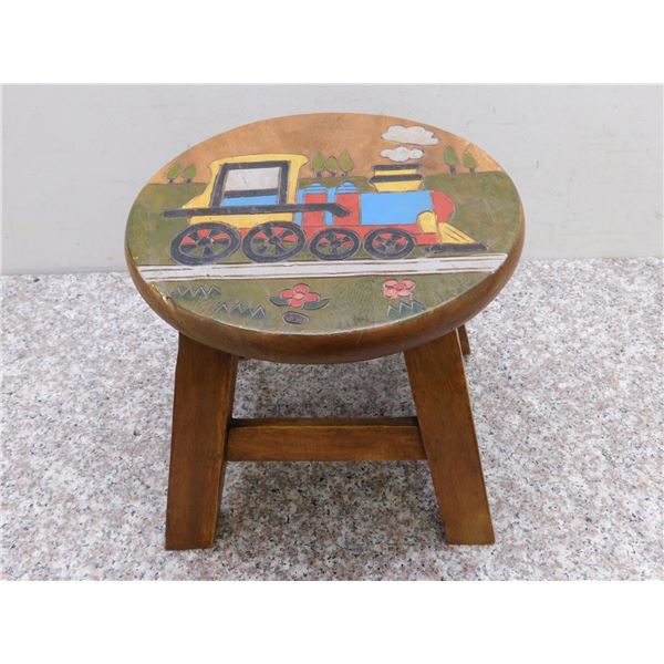 Small Wooden Kids Room Stool Painted Carved Train 10" tall 12" diameter