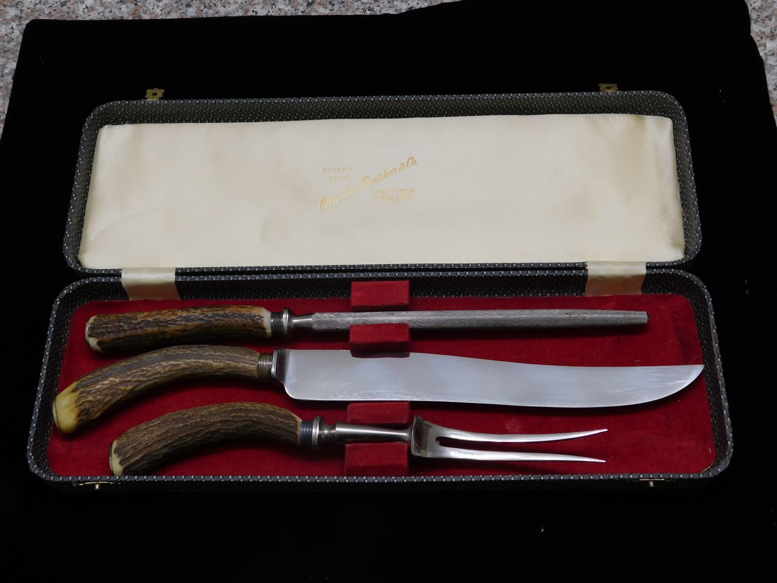 Vintage Charles Barber (England) Staghorn Carving Set