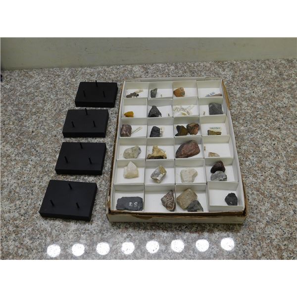 Box of 24 Rock / Mineral Specimens Catalogued + 4 Specimen Stands ...