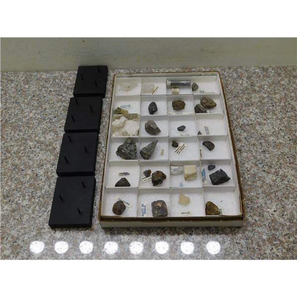 Box of 24 Rock / Mineral Specimens Catalogued + 4 Specimen Stands ...