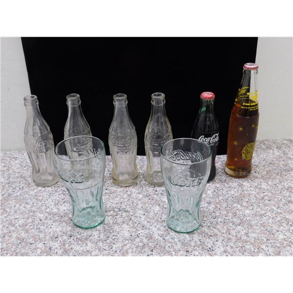Lot of 8 Vintage Coca Cola Empty Bottles From 1938 - 1957 2 FULL Bottles Tab and Coke 2 Mugs