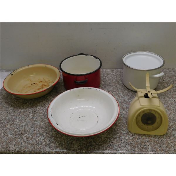 Lot of 5 Enamelware and Kitchen Scale Cooking Pot, Wash Basin, Garden ...