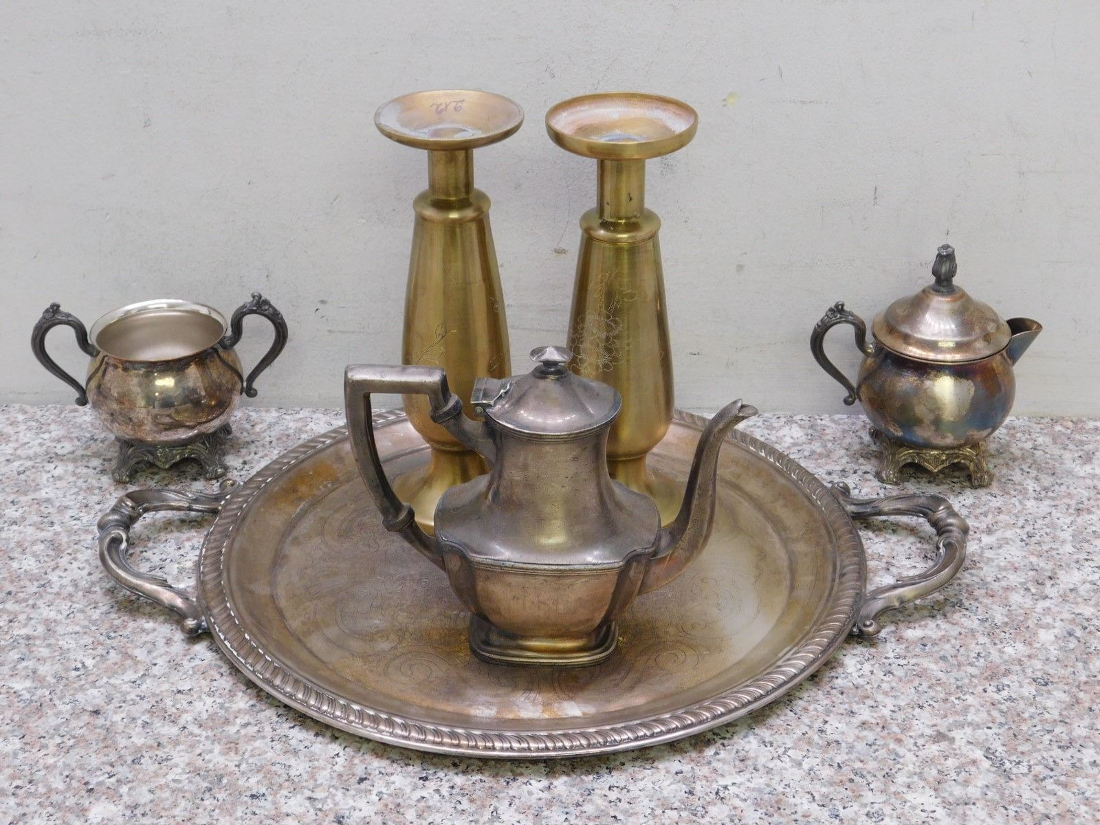 Lot of Brass / Silverware Tray, Kettle and Cream / Sugar Jars FB ROGERS ...