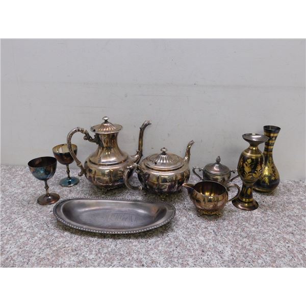 Lot of Silverware Brass Tea Coffee Pots Tray Vase Candle Holder Cream ...