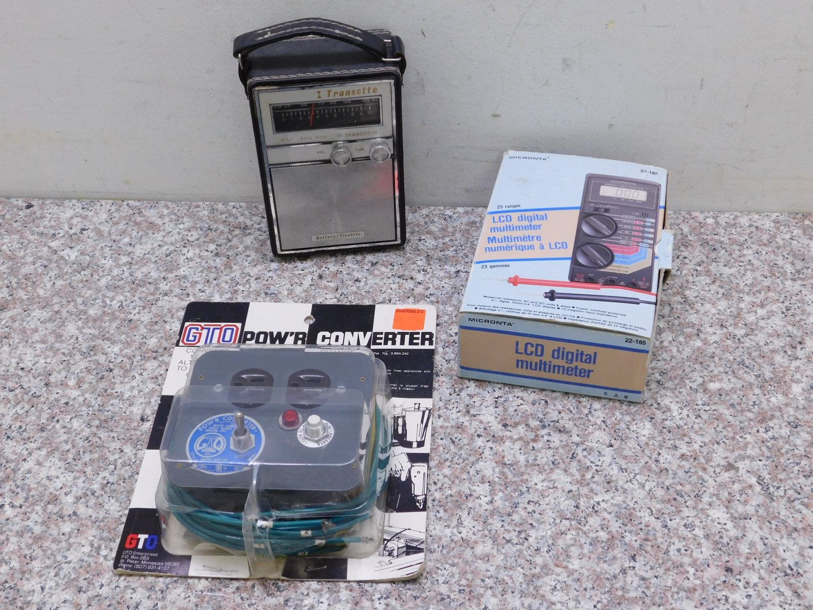 Lot of 3 Vintage LCD Multimeter, Transistor Radio and Power Converter