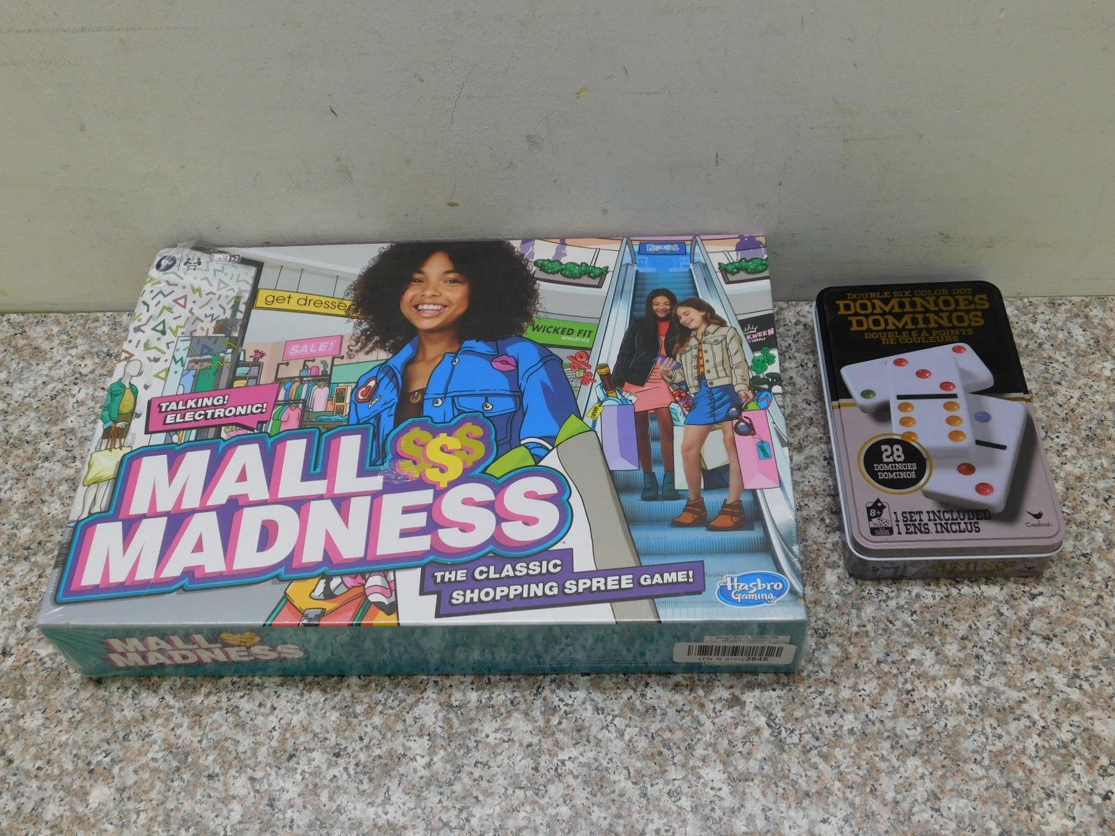 Lot of 2 Mall Madness Hasbro Tabletop Board Game and Dominos 28 Piece Tin