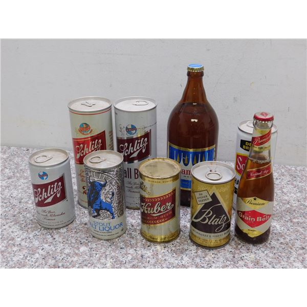 Lot of 9 Vintage Beer Bottles and Cans, Schlitz 1970s, Blatz, Hamz 1952 ...