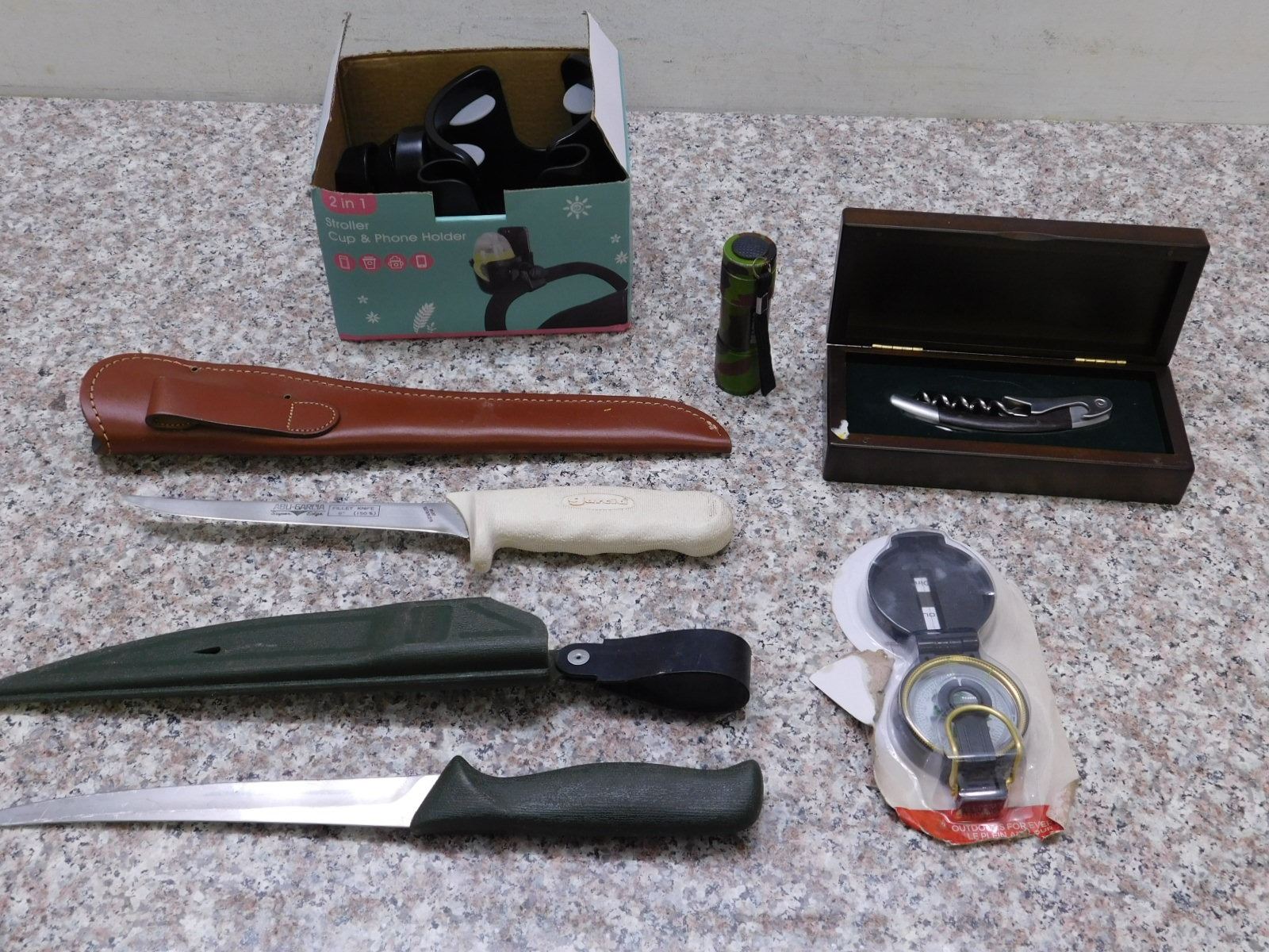 Lot of Vintage Flashlight, Compass, Fishing Knives Mitchell Garcia, Cup ...