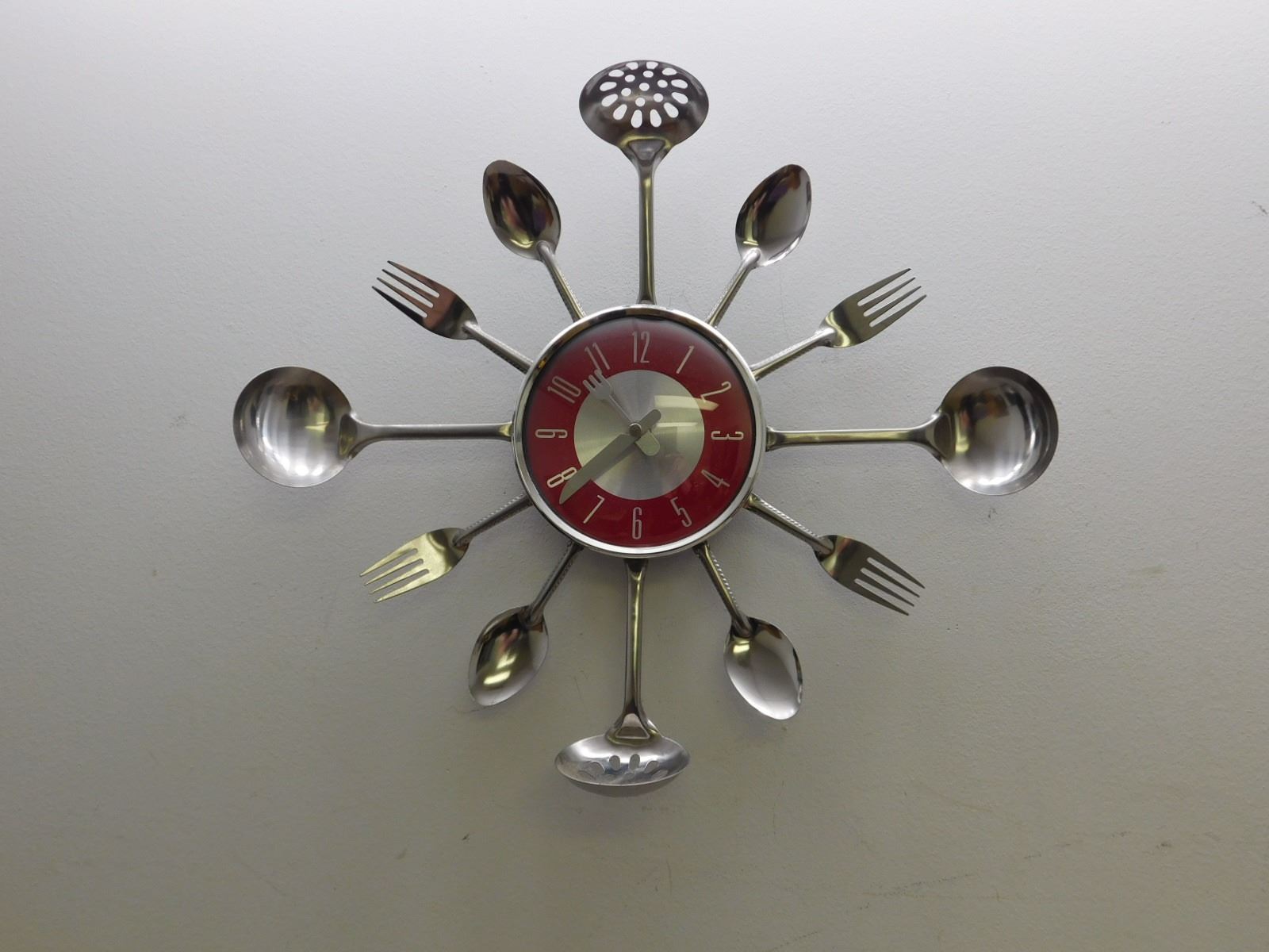 Vintage Stainless Steel Starburst Kitchen Clock Utensils Red Face