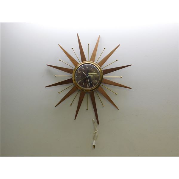 Westclox Teak and Brass Starburst Electric Corded Wall Clock