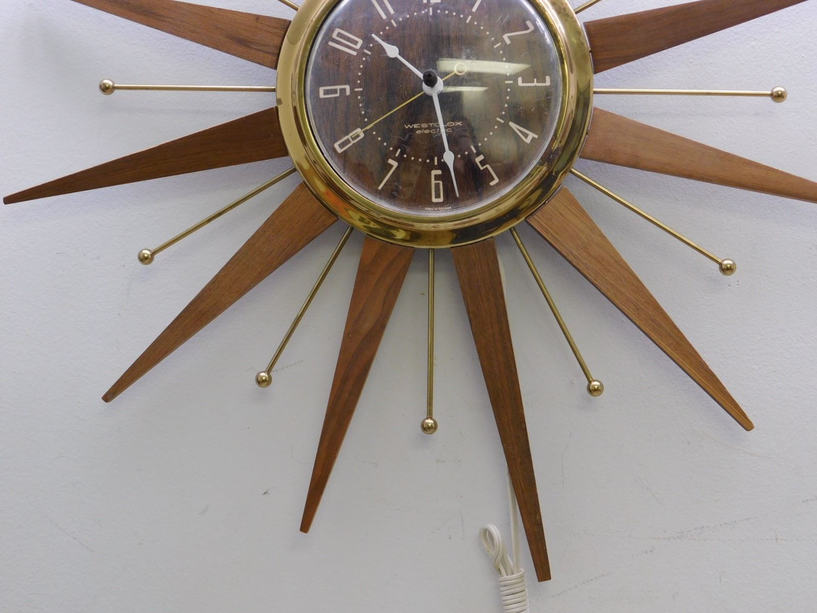 Westclox Teak and Brass Starburst Electric Corded Wall Clock