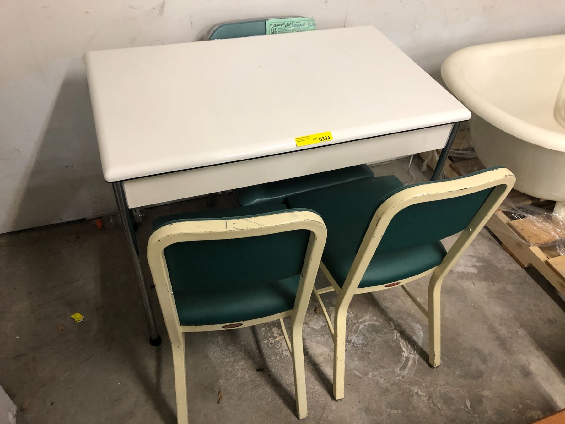 Group of 3 green exam room leather/metal chairs & white exam room table ...