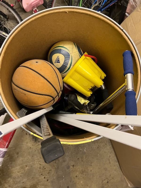 Group of sports misc. - includes balls/ scooter/ hockey sticks etc.