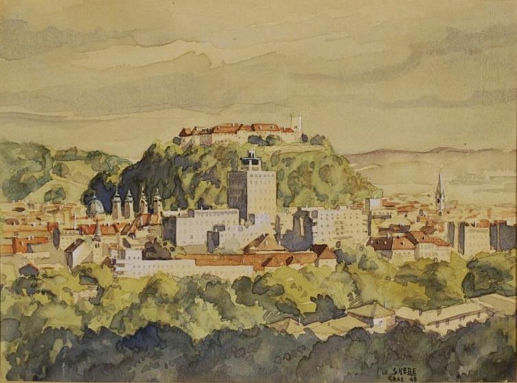 Skebe (20th Century) City of Graz, Austria, Watercolor on Paper