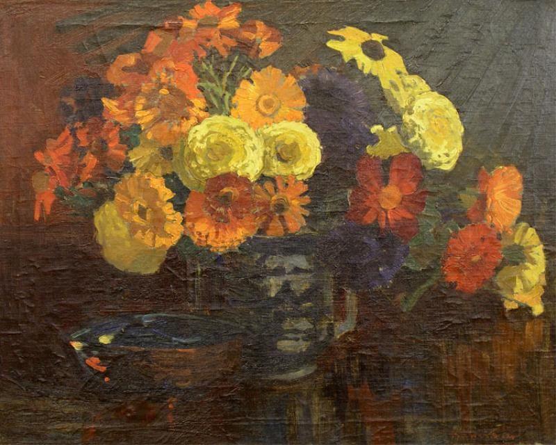 Mary Evelyn Wrinch Reid Canadian CPE, OSA, RCA [1877-1969]FLOWERS IN A BLUE JUG; 1924oil on board16.