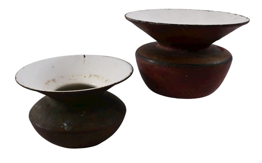 (2) Antique Enameled Iron Spittoons