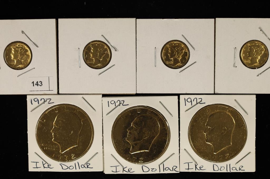 7 GOLD PLATED COINS: 1936, 37, 38 & 1942 MERCURY