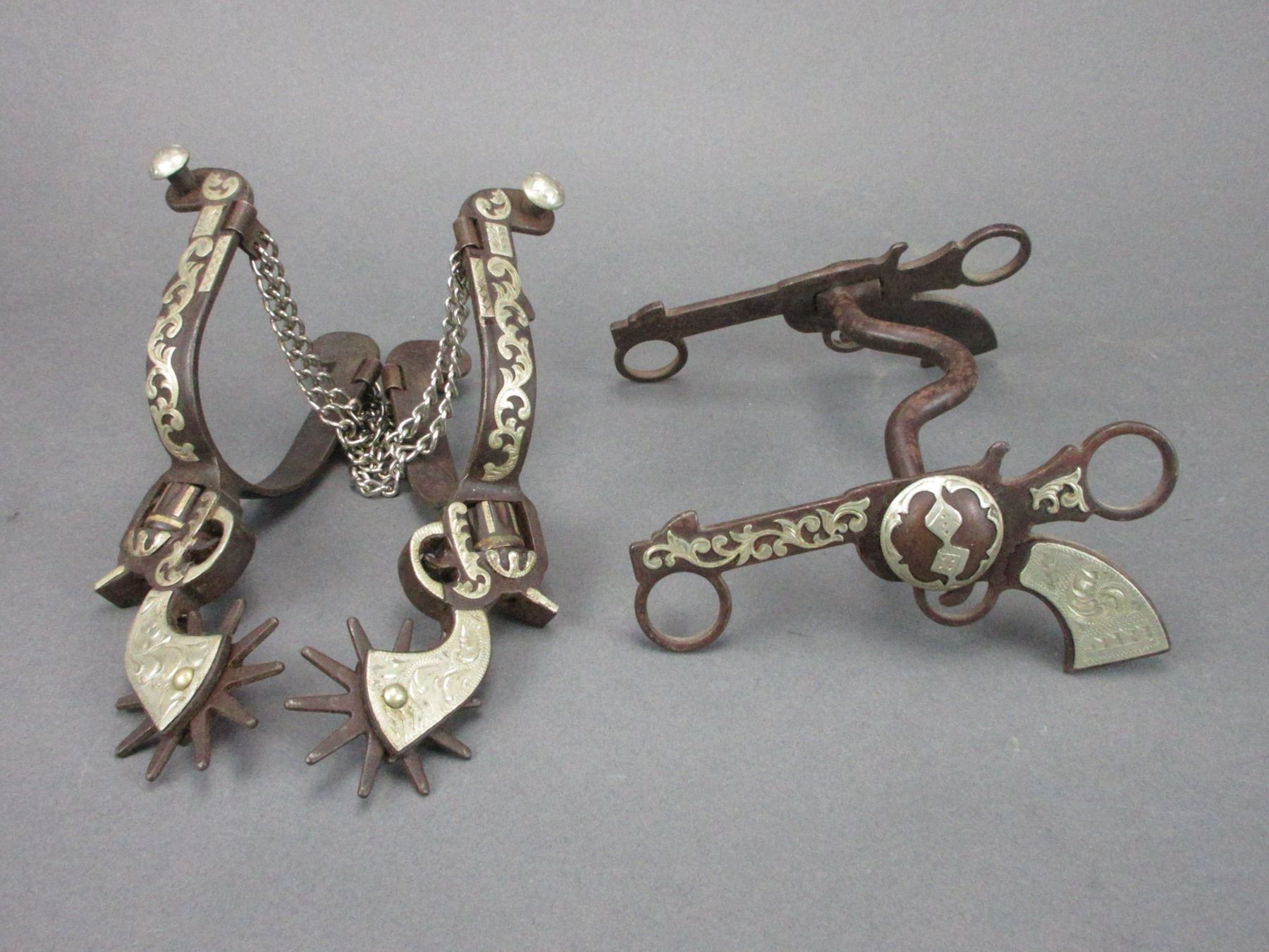 Overlaid Pistol Curb Bit- Matching Overlaid Pistol Spurs- Marked "E"