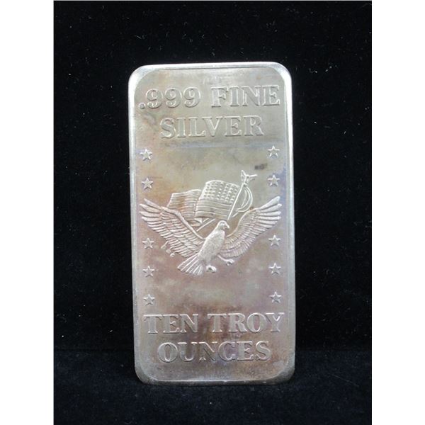 Ten Troy Ounces Silver Bar- .999 Fine Silver- US Assay Office