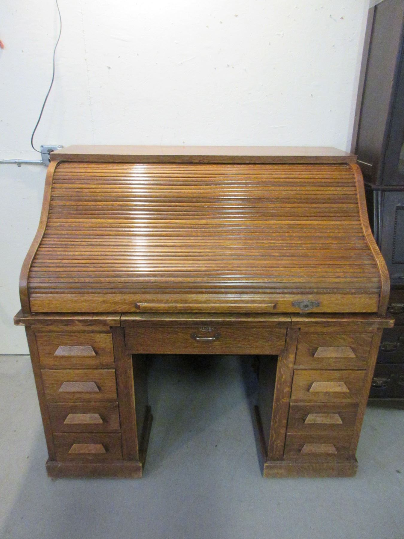 Oak Globe Roll Top Desk- Key- Works- Good Condition- 50"H X 52"W X 35"
