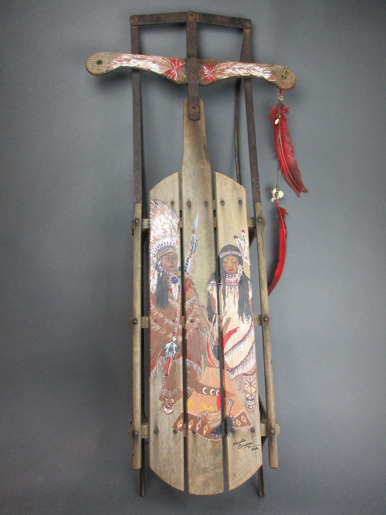 Signed Sandie Brown 2022 Painted Kids Sled- Native Scene- Feather And ...
