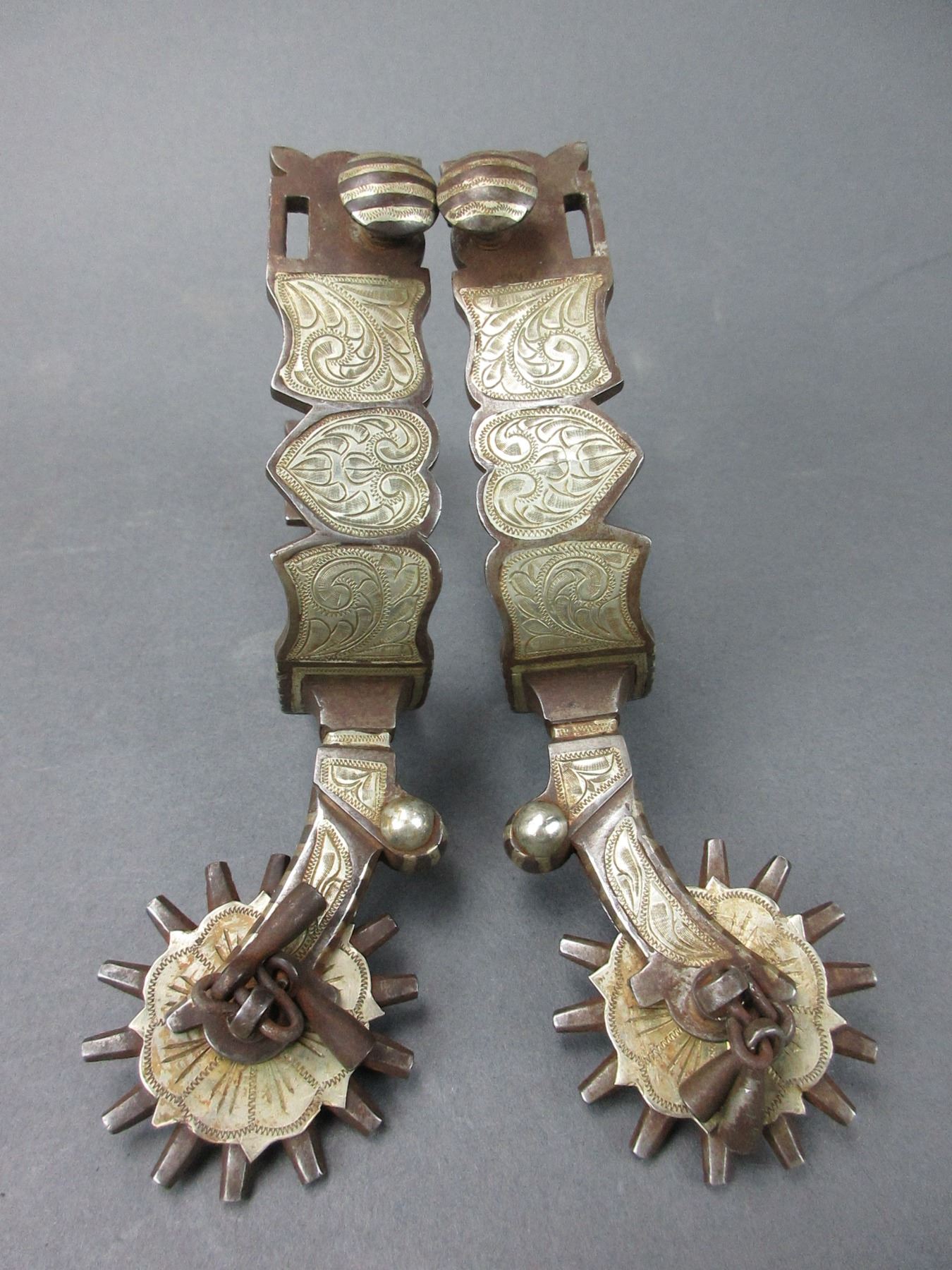 Marked "Garza" Silver Inlaid Spurs- 1" Bands- 2.5" Shanks- 14 Point ...